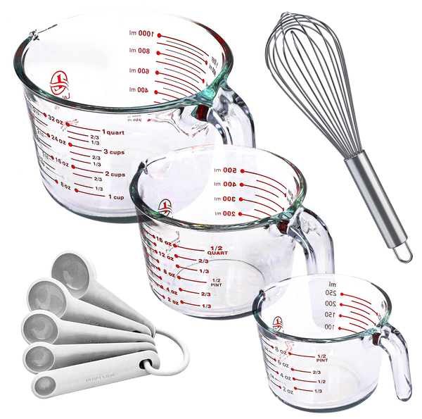 Set of 3 Glass Measuring Cups with Spoond and Whisk - Kitchen Mixing B ...